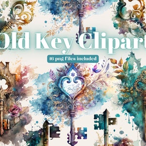Watercolor Key Clipart, Vintage Clipart, Retro Clip Art, Boho, Old Key ...