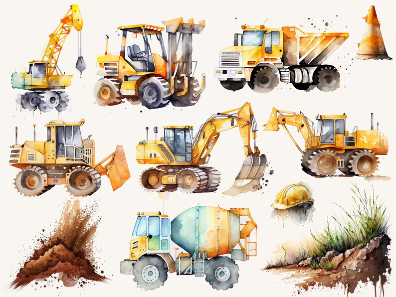 WATERCOLOR CLIPART Construction Vehicles Art Scrapbooking - Etsy Australia