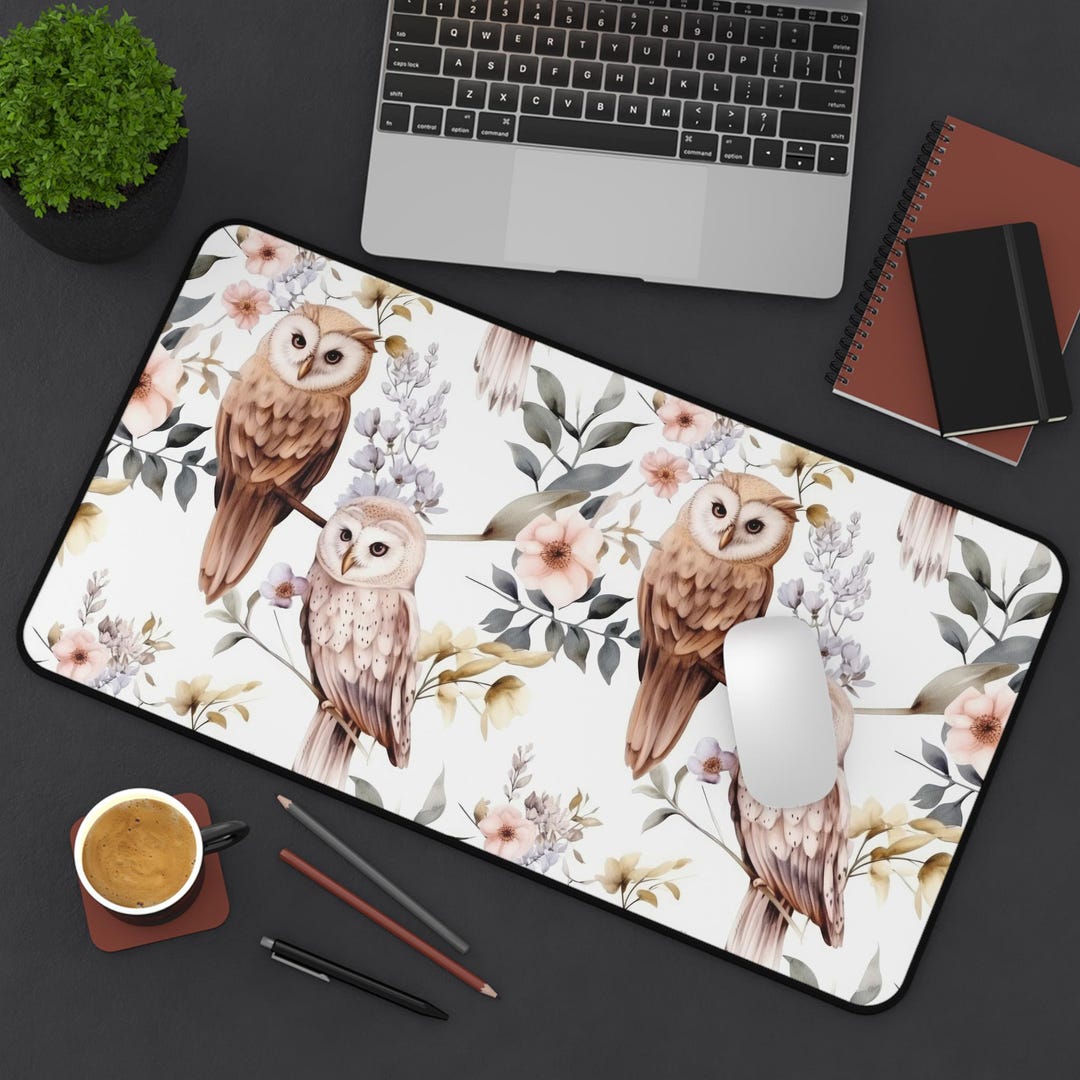 Owl Floral Desk Mat, Cute Owls Computer Desk Mats, Gaming Pad With Owls ...