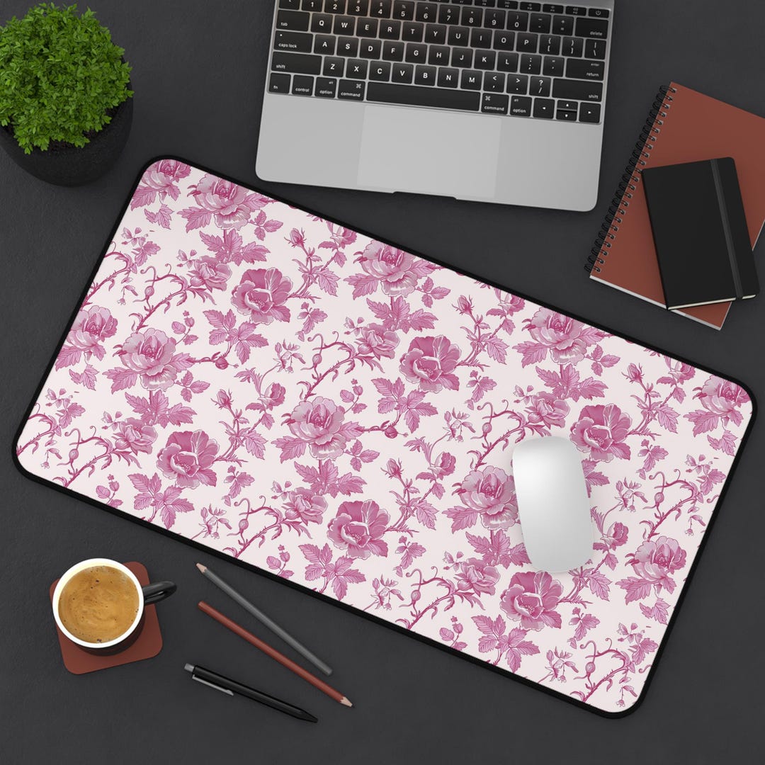 Toile Pink Floral Desk Mat, Pink Computer Desk Mats, Gaming Pad With ...