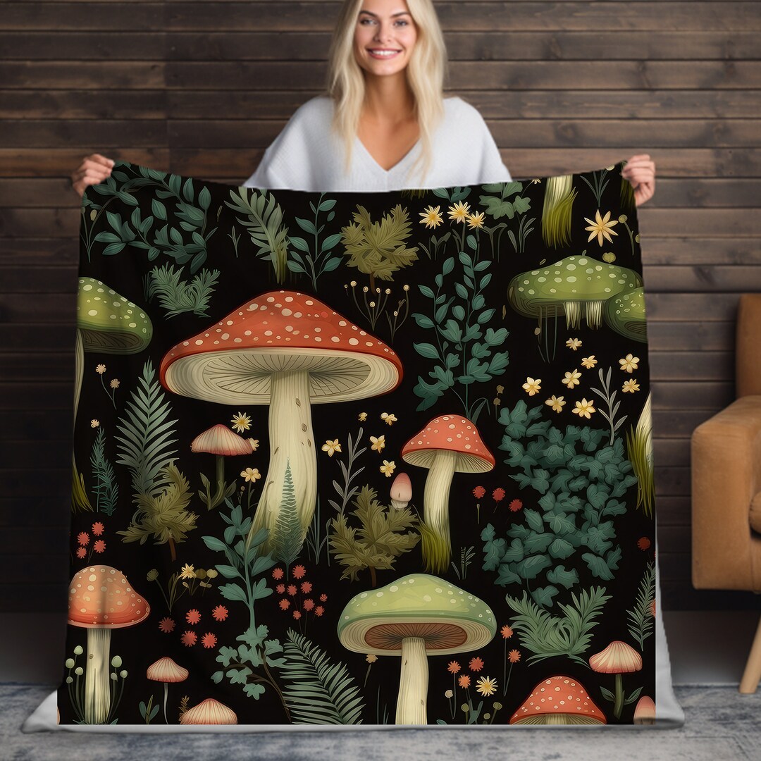 Mushroom Cottagecore Blanket, Moss Sherpa Fleece Blanket, Whimsical ...