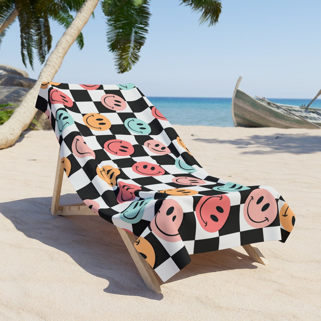 Smile Face Beach Towel, Groovy Checkered Print With Smile Faces, Summer ...