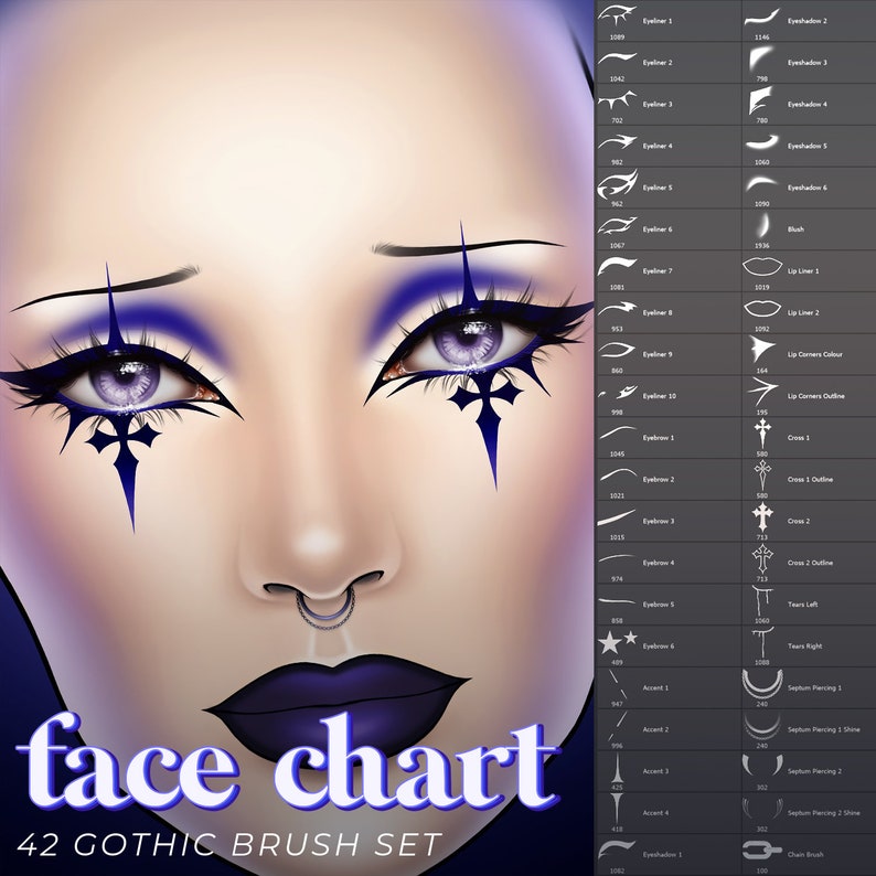 Face Chart 42-piece Gothic Stamp Brush Pack | Photoshop, Procreate ...