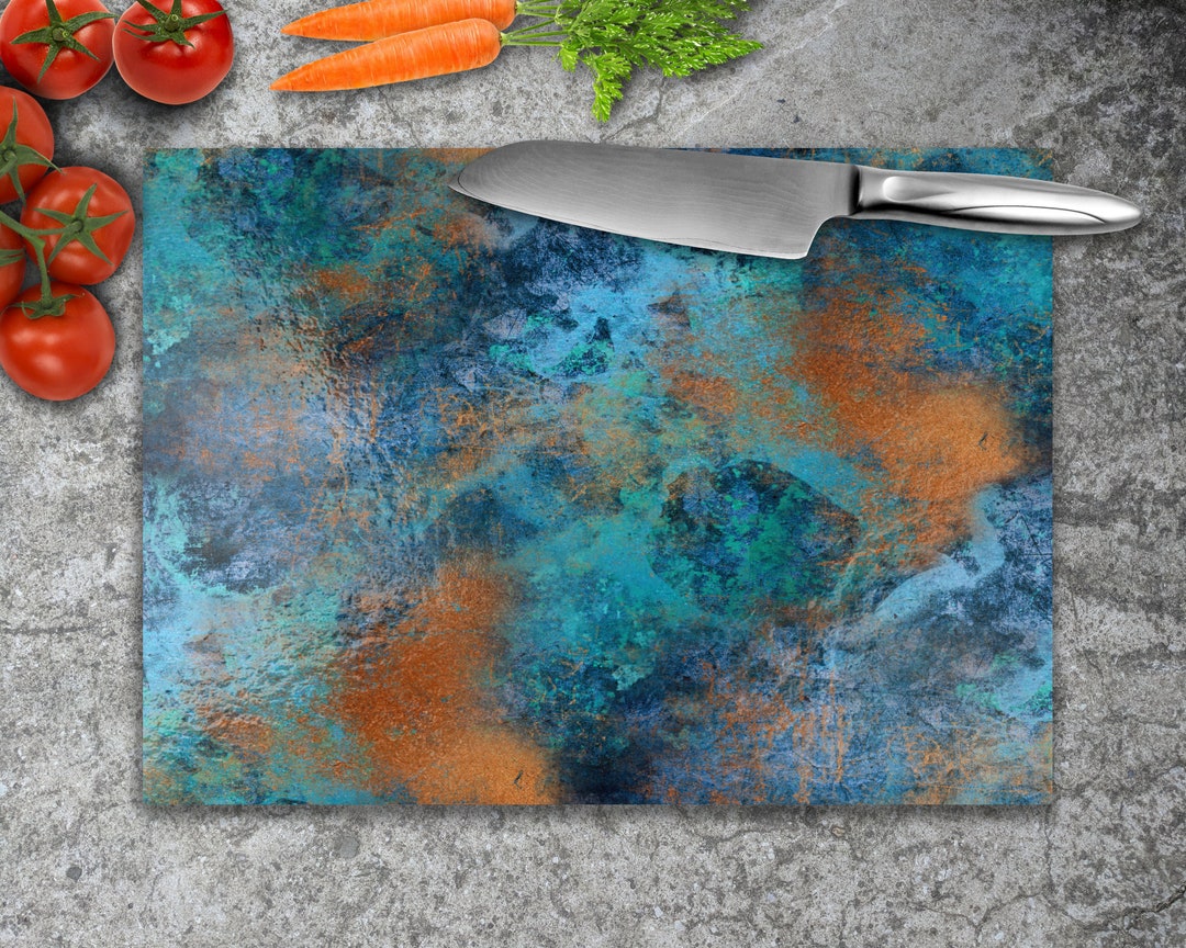 Blue and Copper Distress Patina Textured Tempered Glass Chopping Board ...