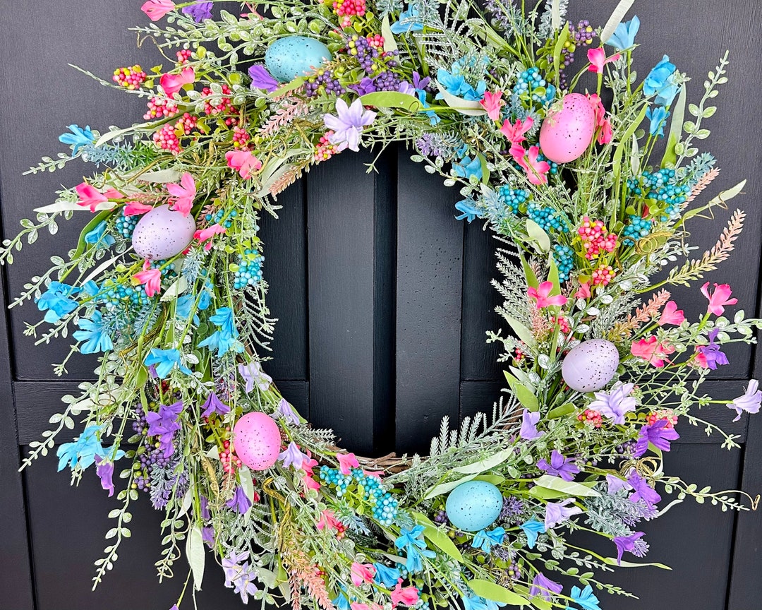 Easter Egg Wreath With Wildflowers for Front Door, Spring Wildflower ...