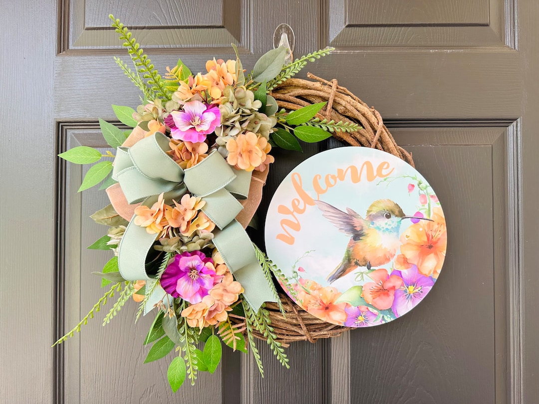 Hummingbird Wreath for Front Door, Summer Floral Wreath, Hummingbird ...