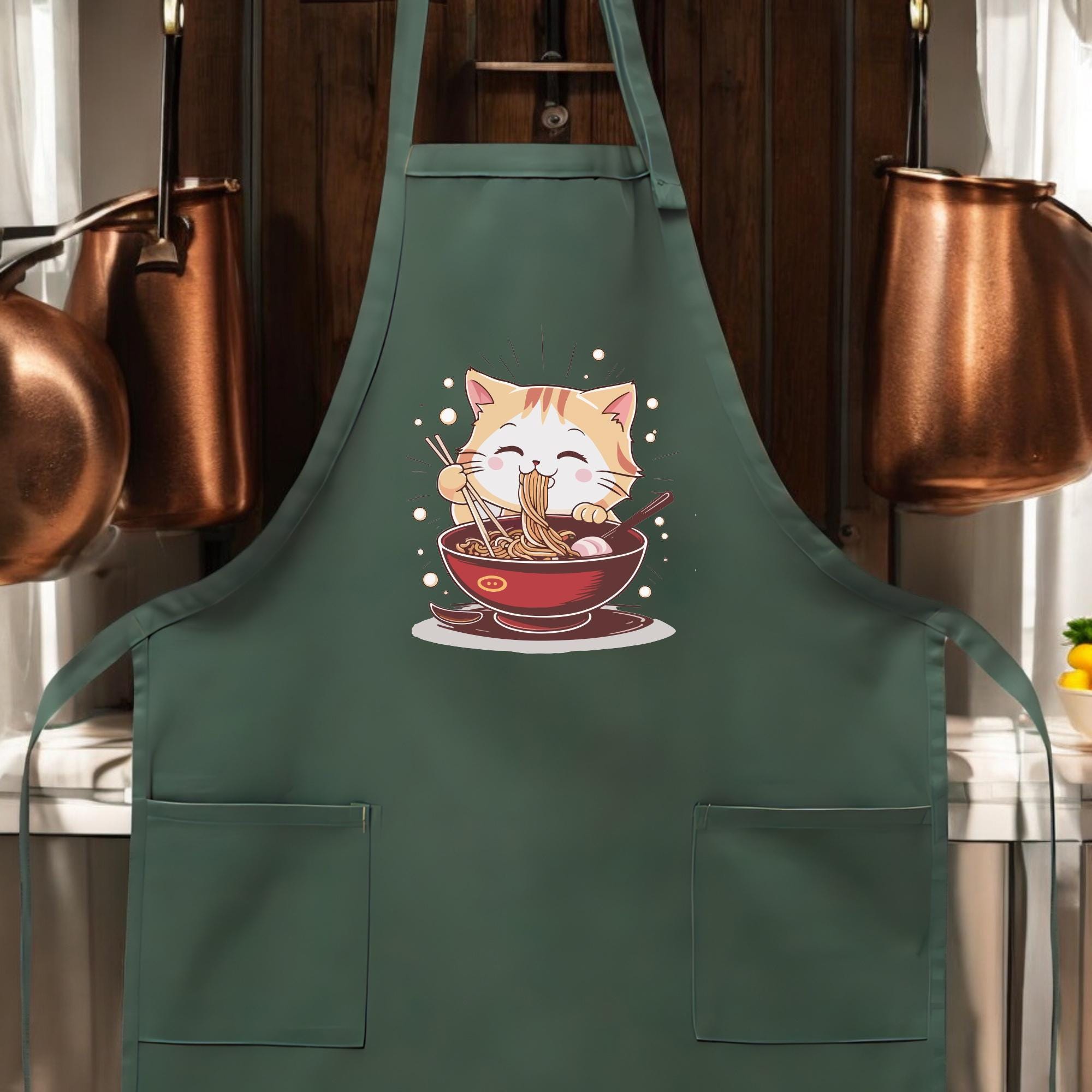Cute Cat Ramen Apron, Kawaii Kitty Cooking Apron With Pockets, Funny ...
