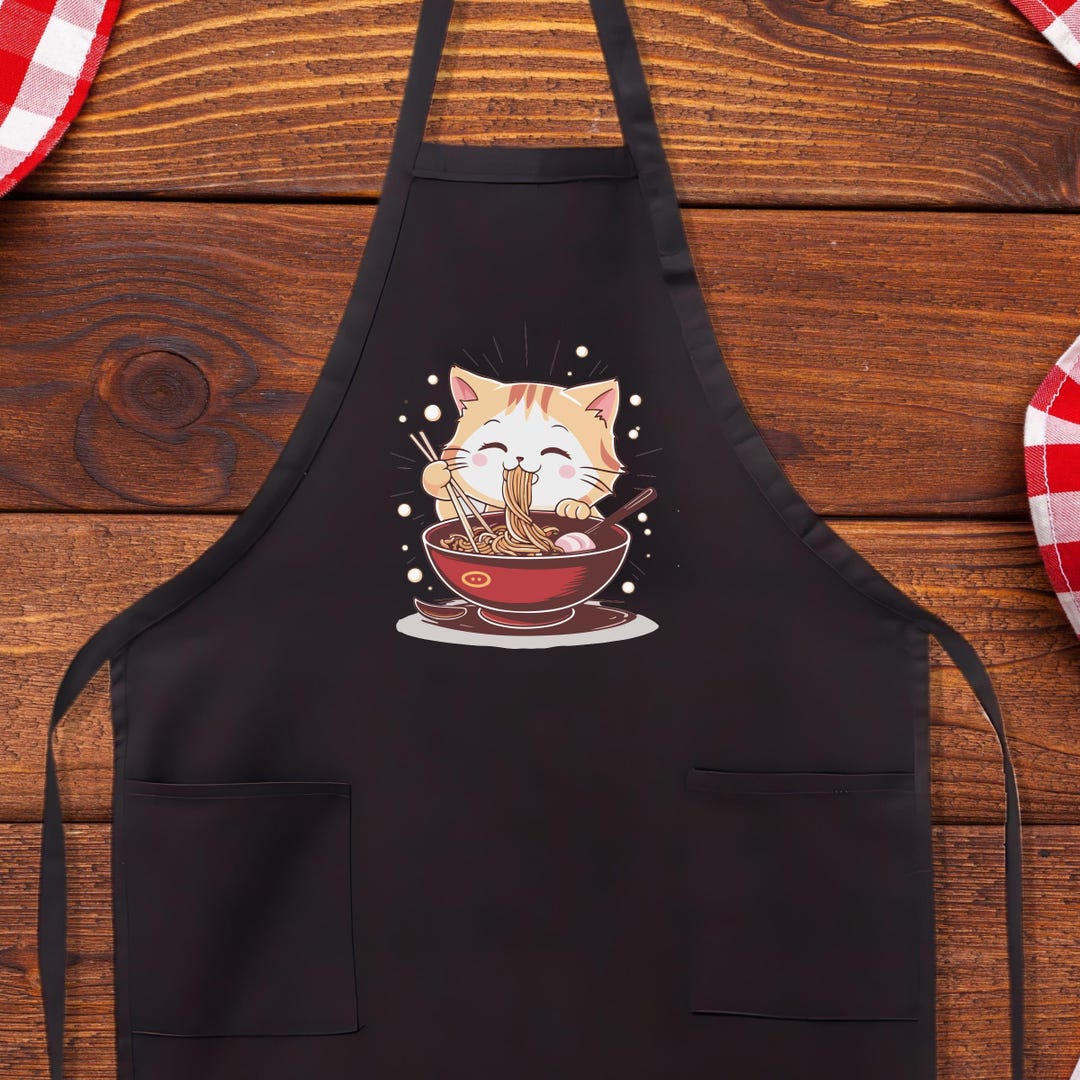 Cute Cat Ramen Apron, Kawaii Kitty Cooking Apron With Pockets, Funny ...