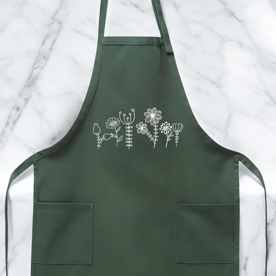 Minimalist Floral Apron With Pockets, Botanical Line Art Kitchen Apron ...