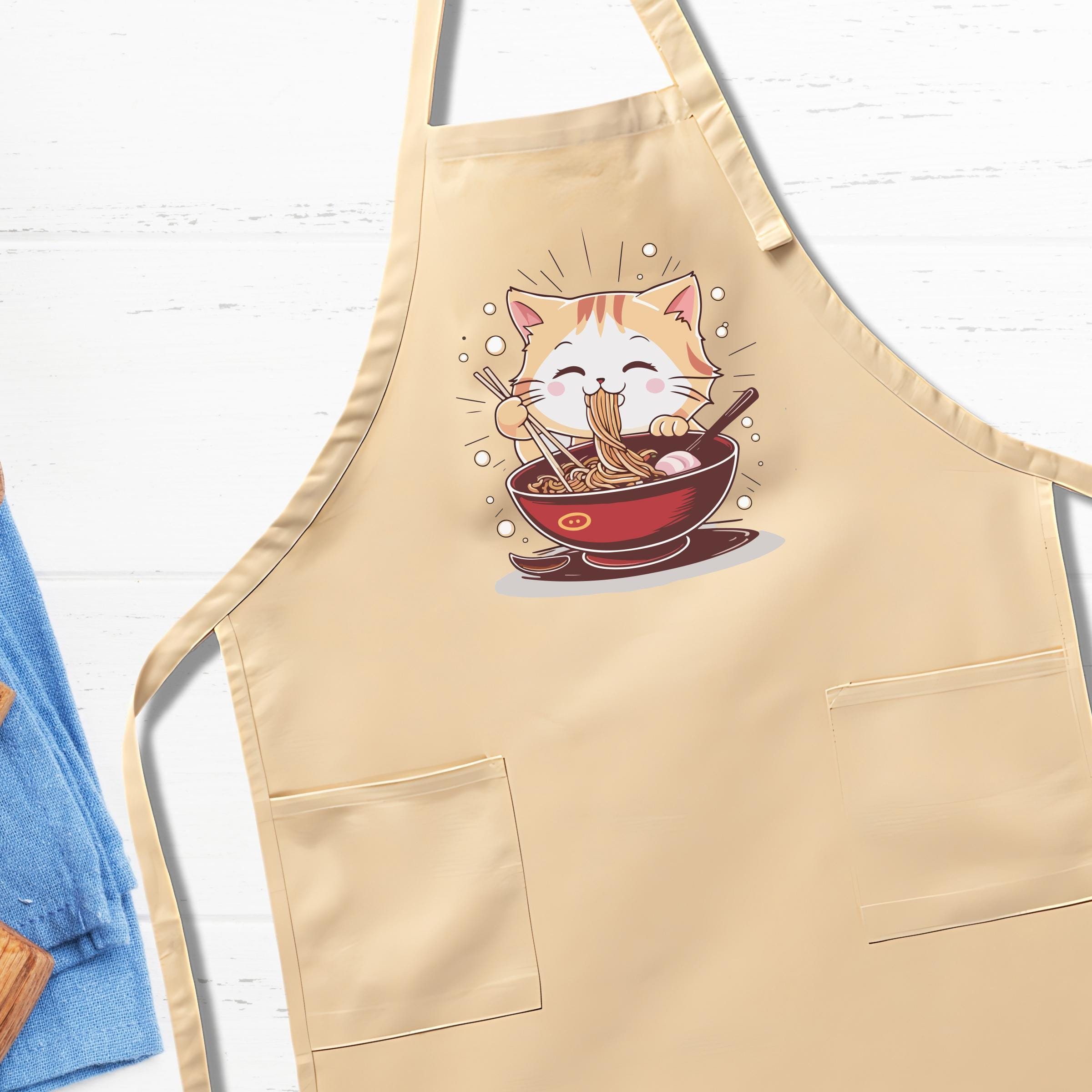 Cute Cat Ramen Apron, Kawaii Kitty Cooking Apron With Pockets, Funny ...