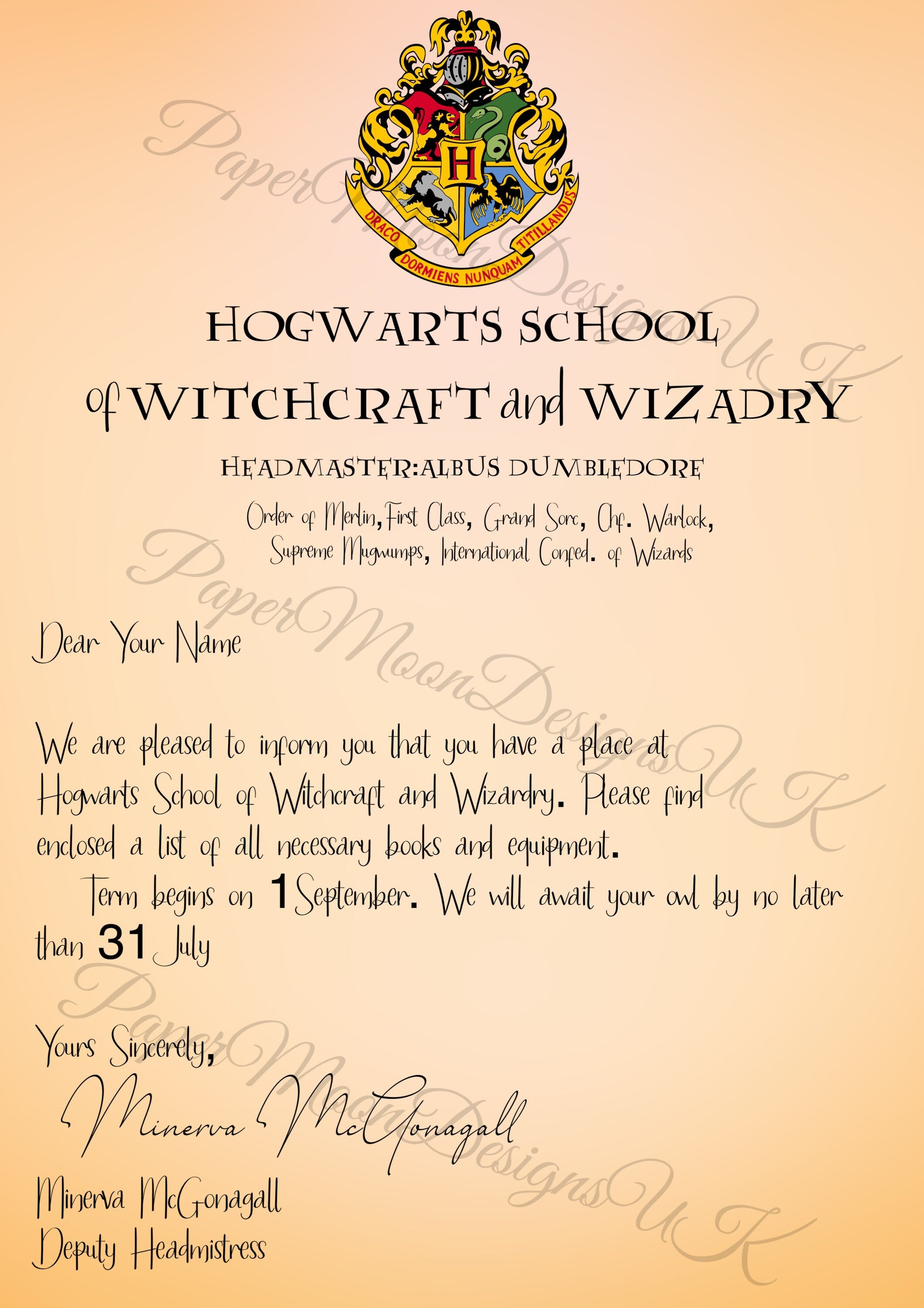 Real Hogwarts Letter