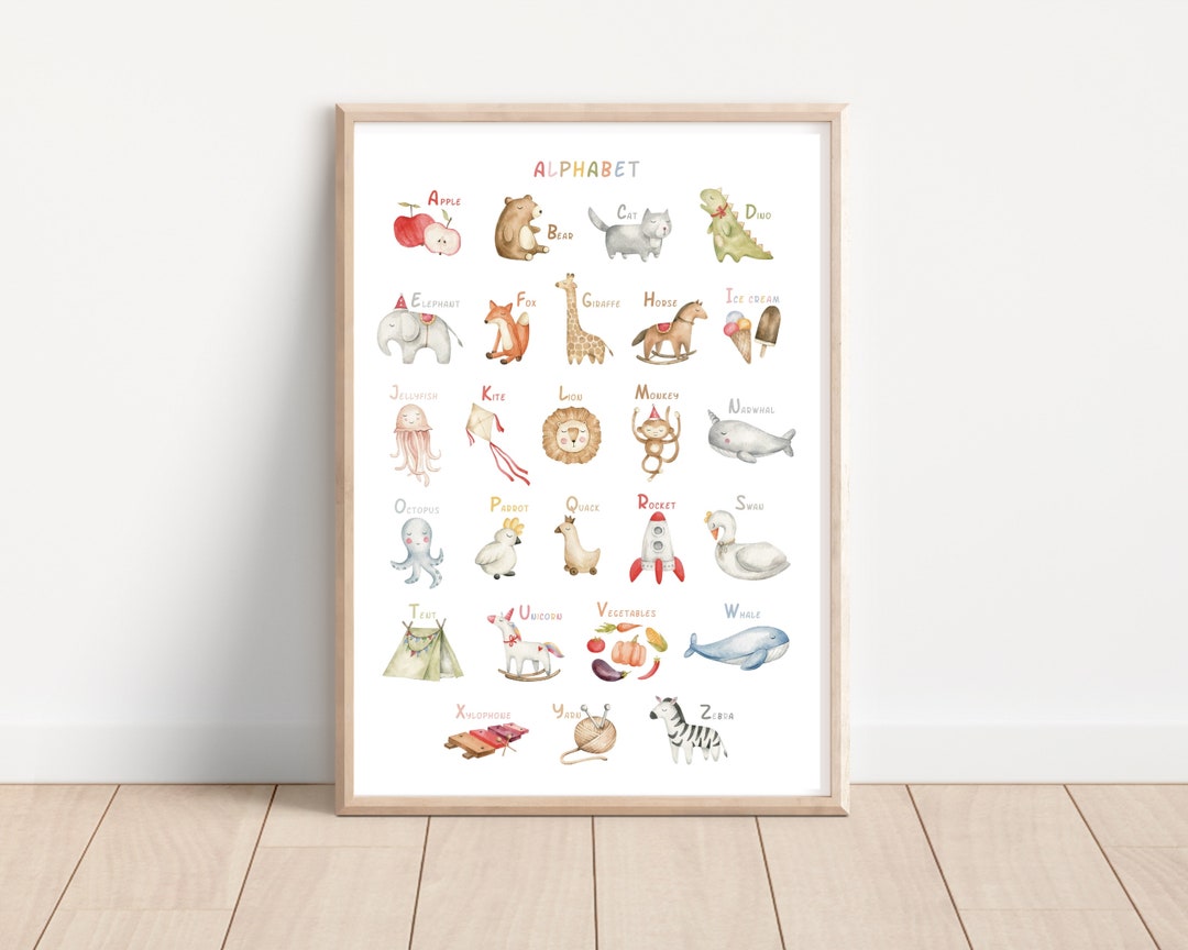 Digital A to Z Alphabet Animals Watercolour Print, ABC Neutral Kids ...