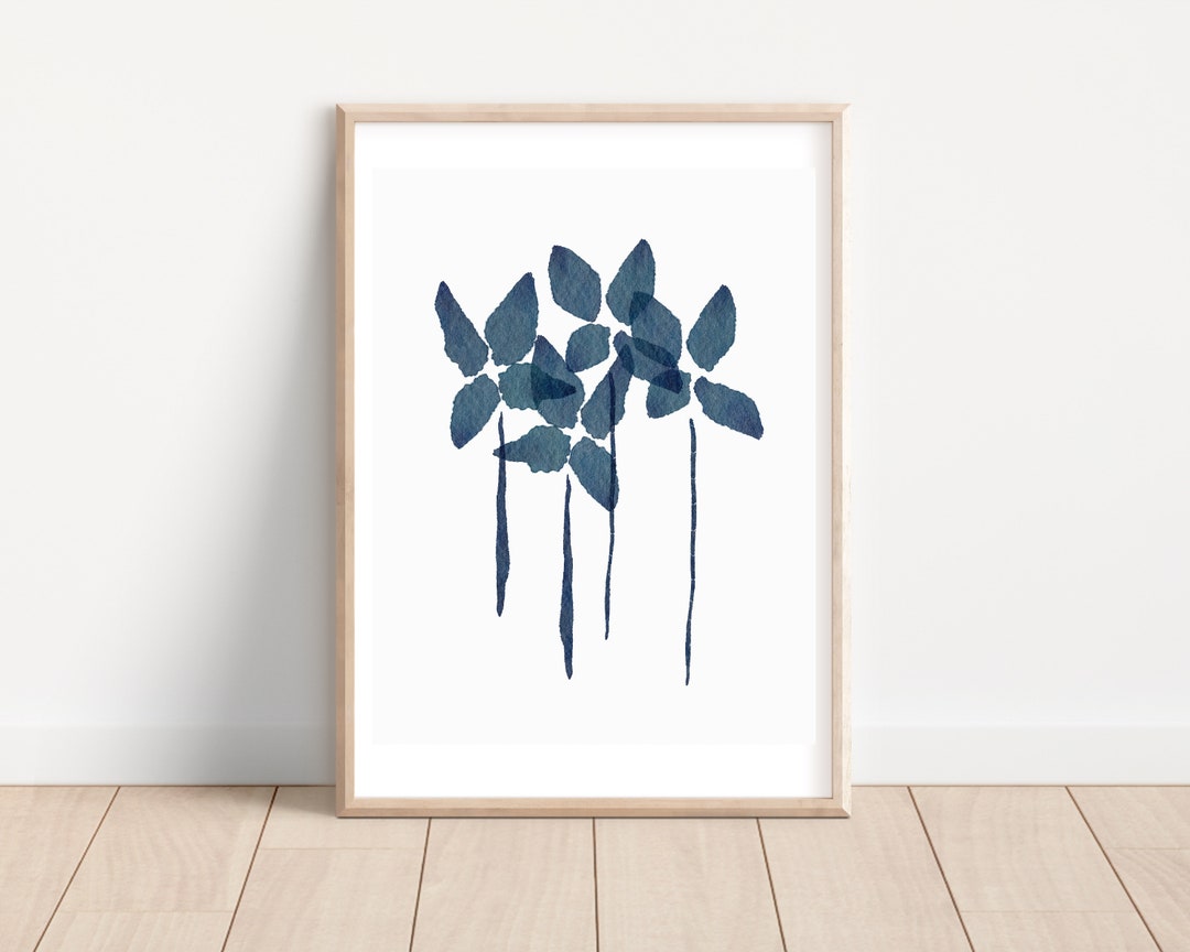 Digital Hamptons Floral Blue Flowers Wall Art for Living Room Line Art ...