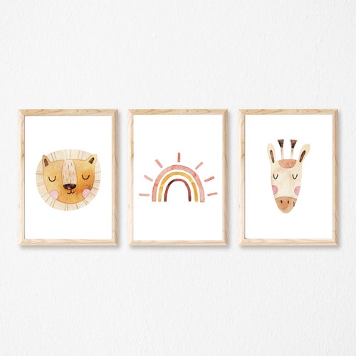 Prints Wall Décor Giraffe Rainbow Wall Art Set of 3 Safari Zoo Animal ...