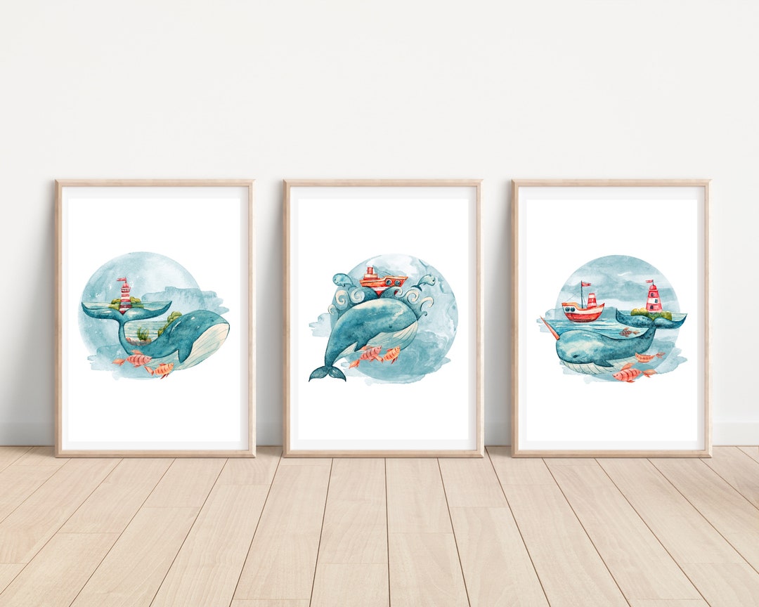 Ocean Poster Print Sea Whale Fish Nautical Nursery Wall Art Watercolour ...