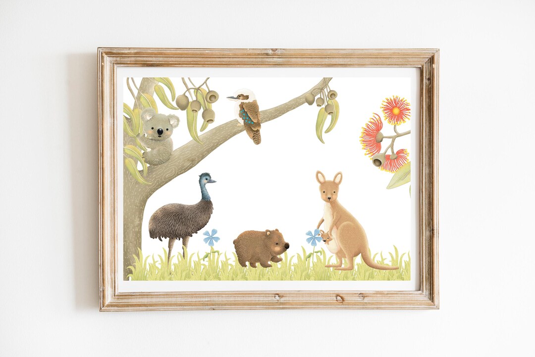 Australian Animals Watercolour Kookaburra Kangaroo Emu Koala Zoo Print ...