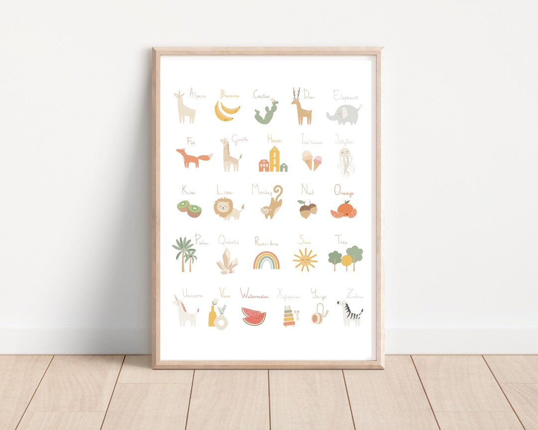 Digital A to Z Alphabet Animals, Fruit, Nature Print, ABC Neutral Kids ...