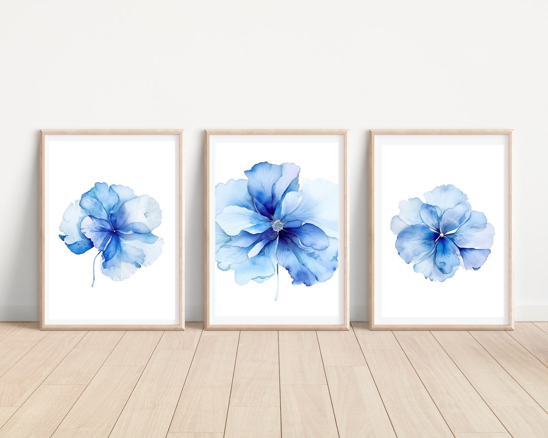 Hamptons Provincial Watercolor Blue Floral Flower Poster Prints, Modern ...