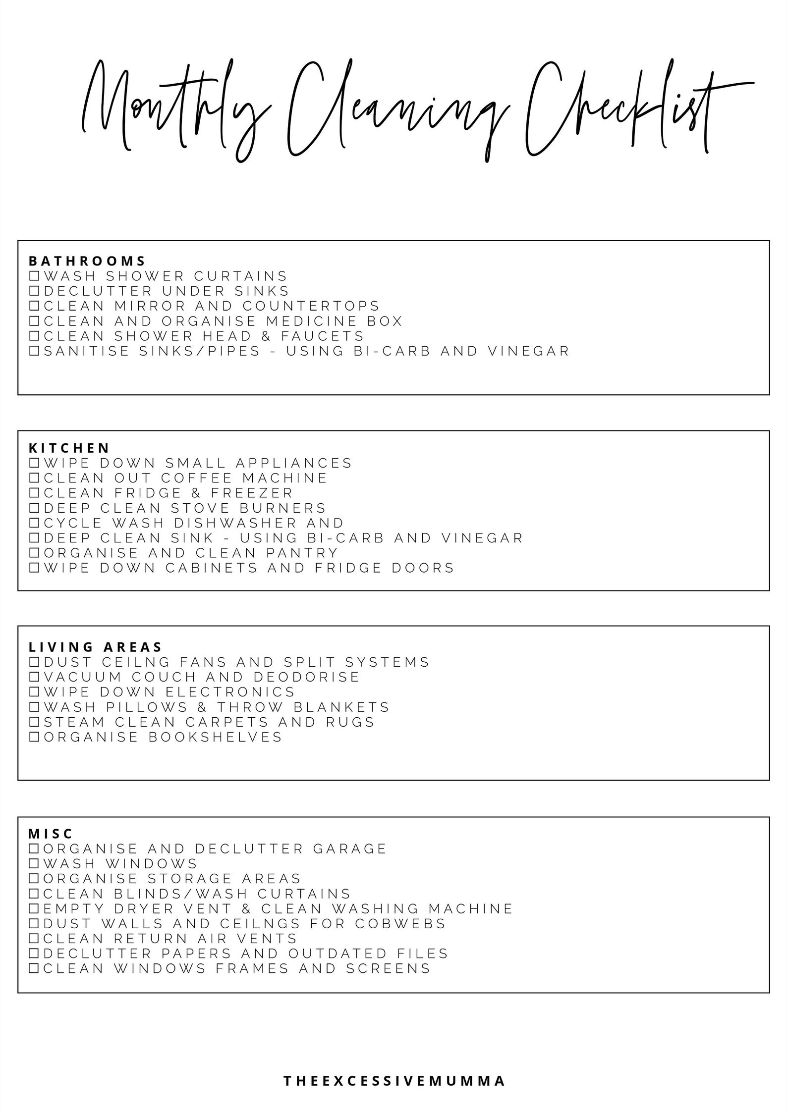 Monthly Cleaning Checklist Printable Template, Productivity Planner ...