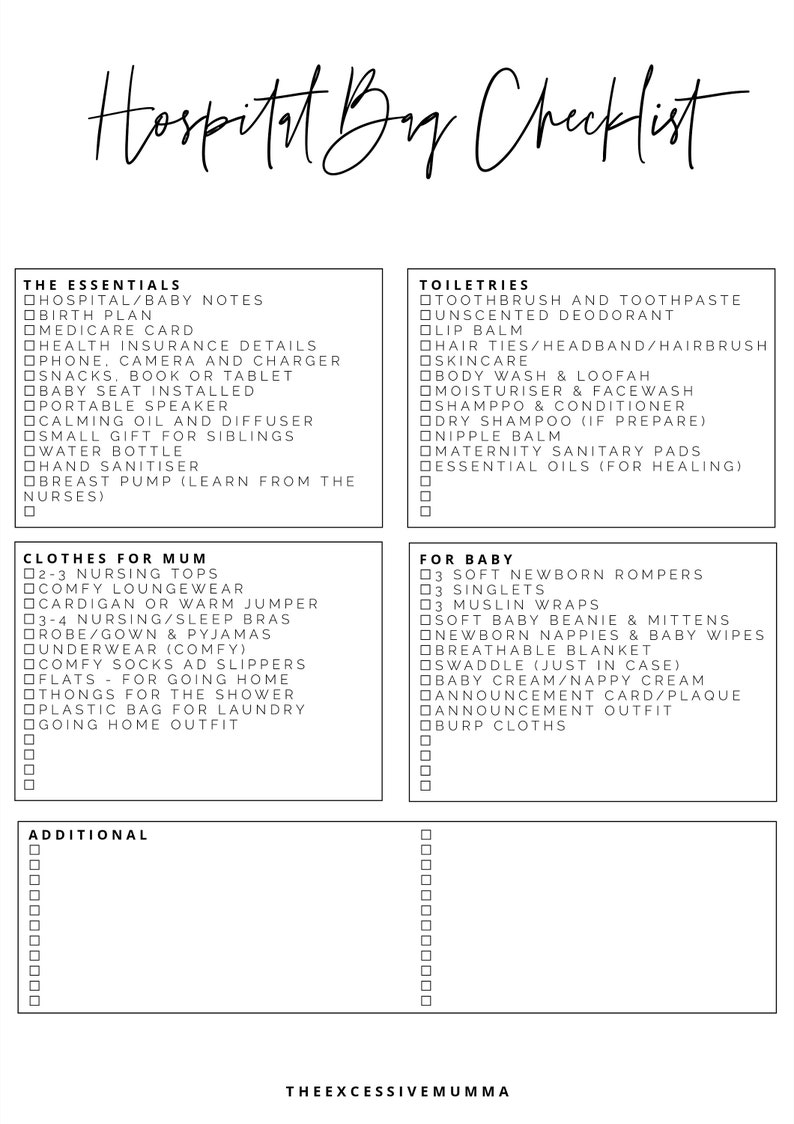 Hospital Bag Printable Checklist, Productivity Planner, Hospital Bag ...