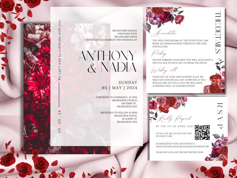 Printable Red Floral Wedding Invitation, Set Digital Download ...