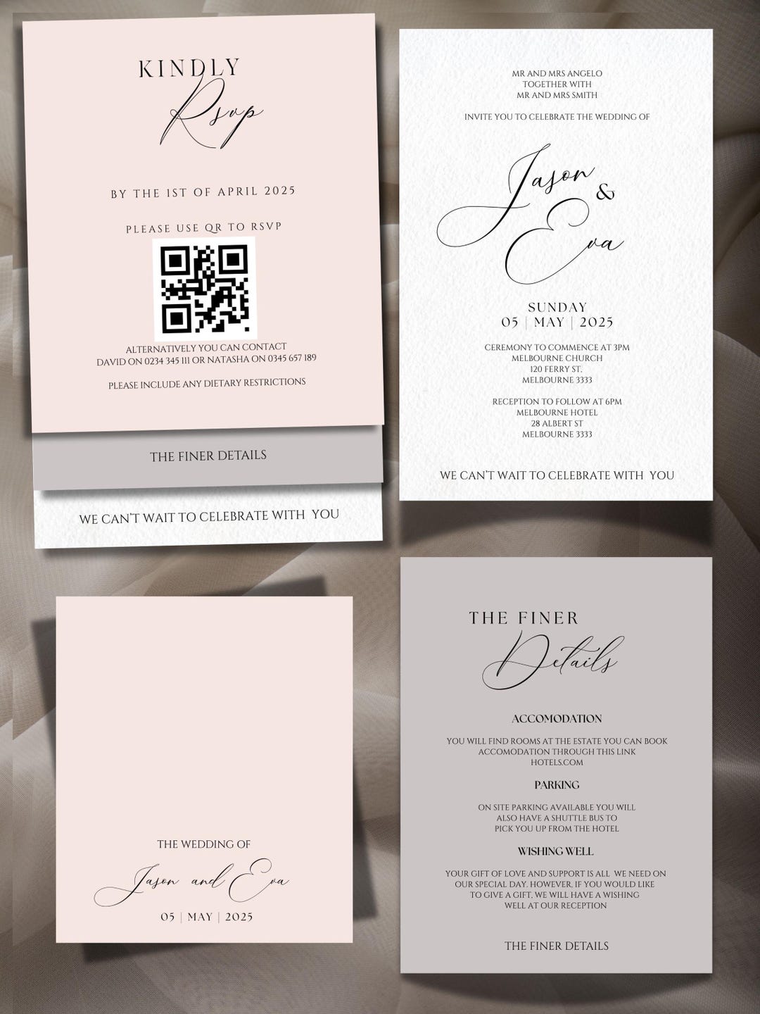 Stacked Wedding Invitation Template: Beige & Grey, RSVP Card (canva ...