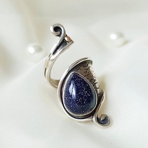 Blue Goldstone Ring Sterling Silver, Blue Sandstone Ring, Starry Night ...