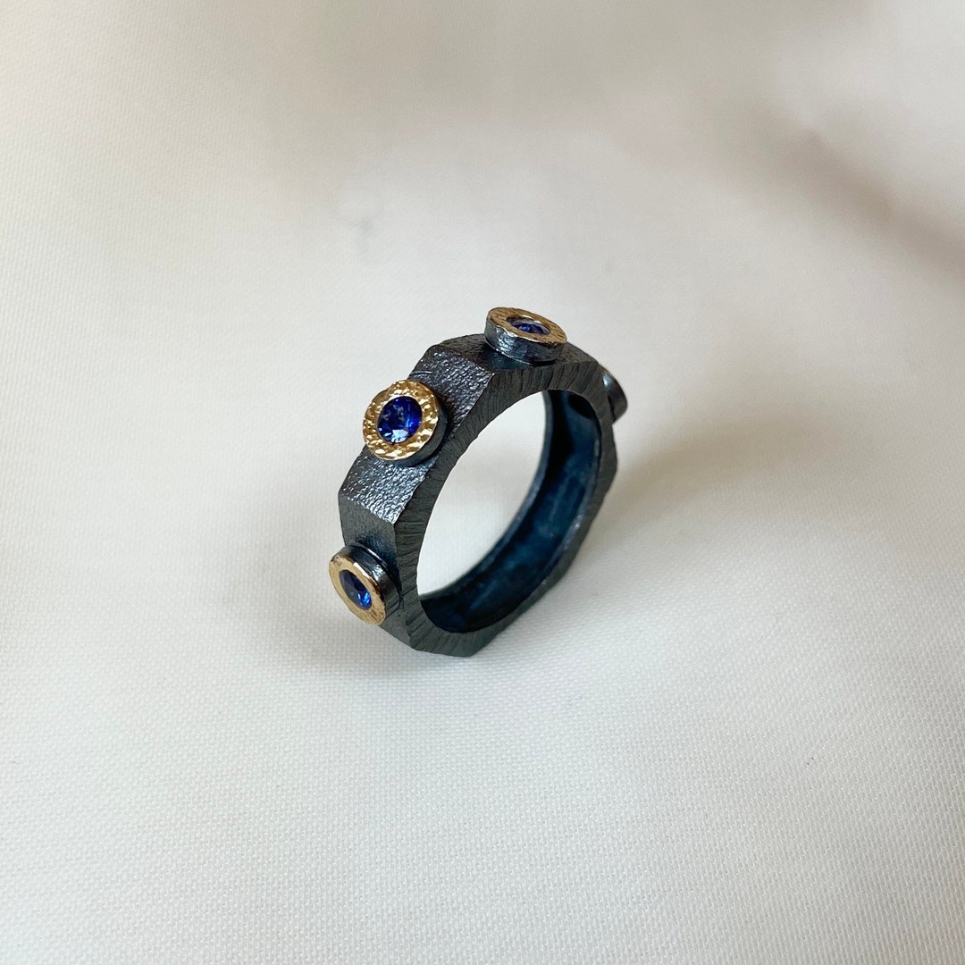Blue Sapphire Engagement Ring Sterling Silver, Geometric Heptagon Nut ...