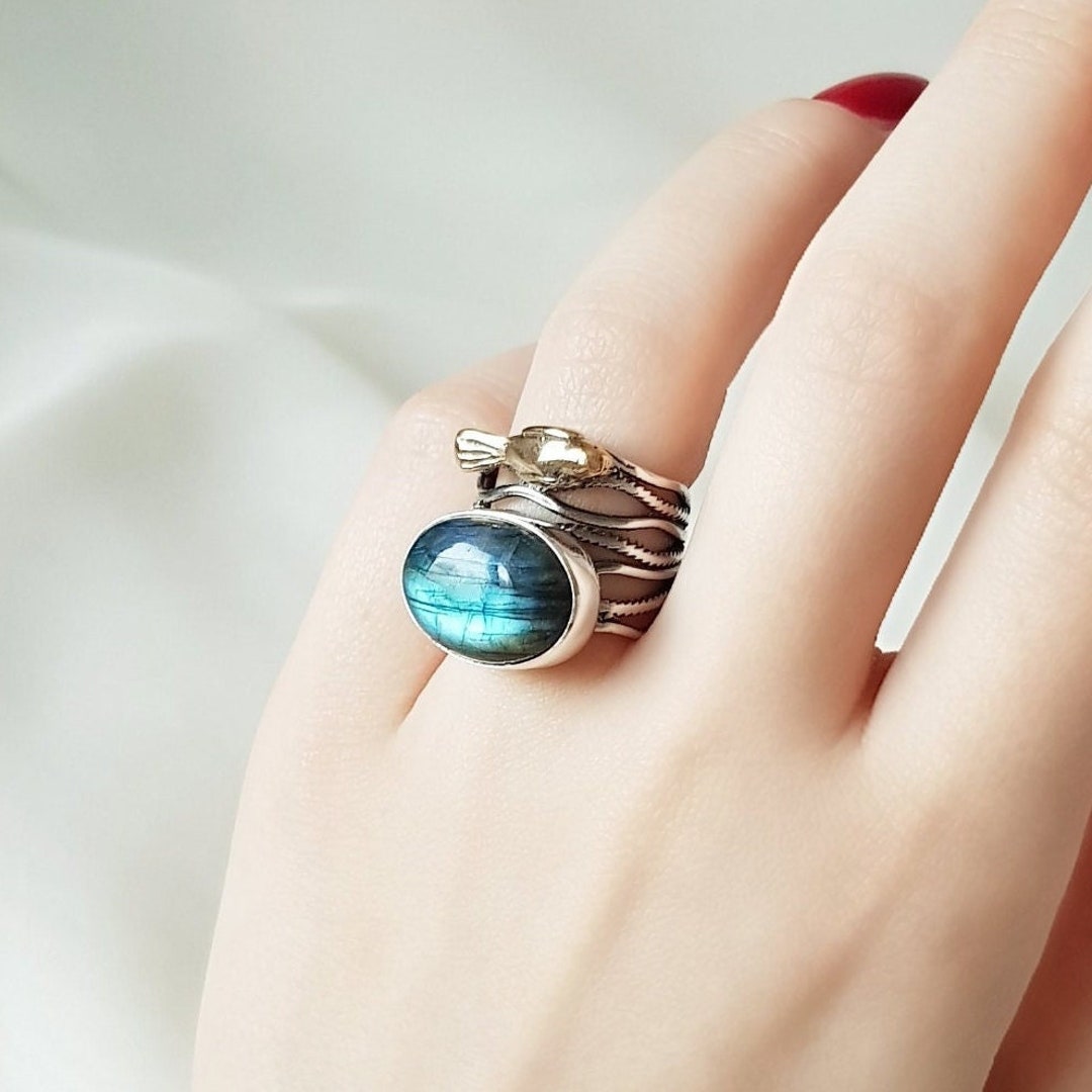 Bird Labradorite Ring Sterling Silver, Dainty Bird Gemstone Band Ring ...