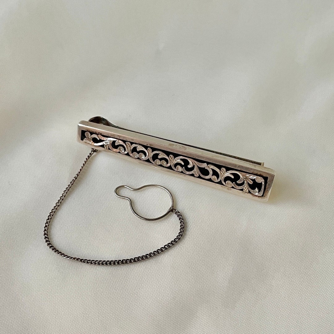 Vintage Tie Clip With Chain 925 Sterling Silver, Fathers Day Gift for ...
