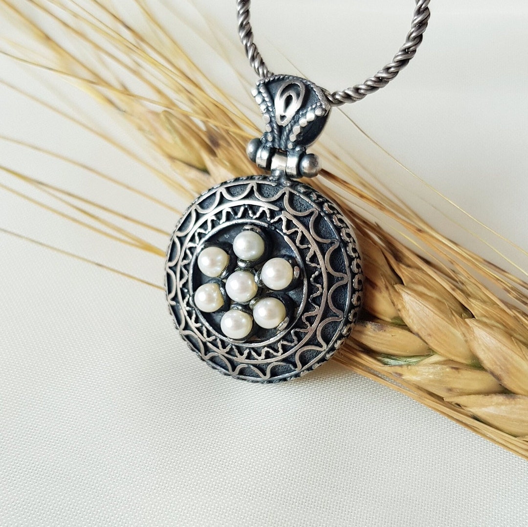 Rustic Round Pendant With Pearls 925 Sterling Silver, Dark Rustic ...