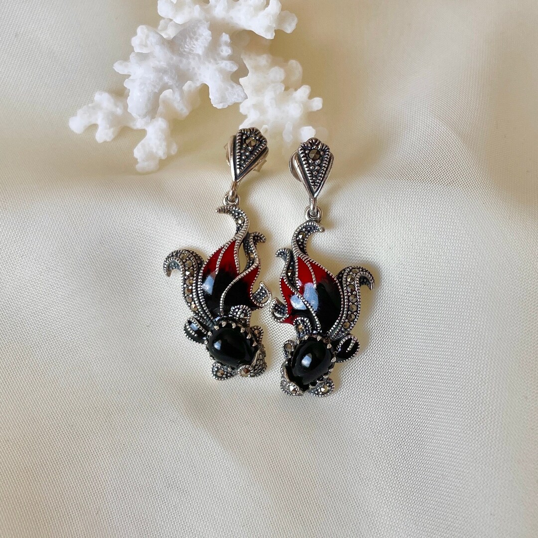 Red Koi Betta Fish Dangle Earrings 925 Sterling Silver, Black and Red ...