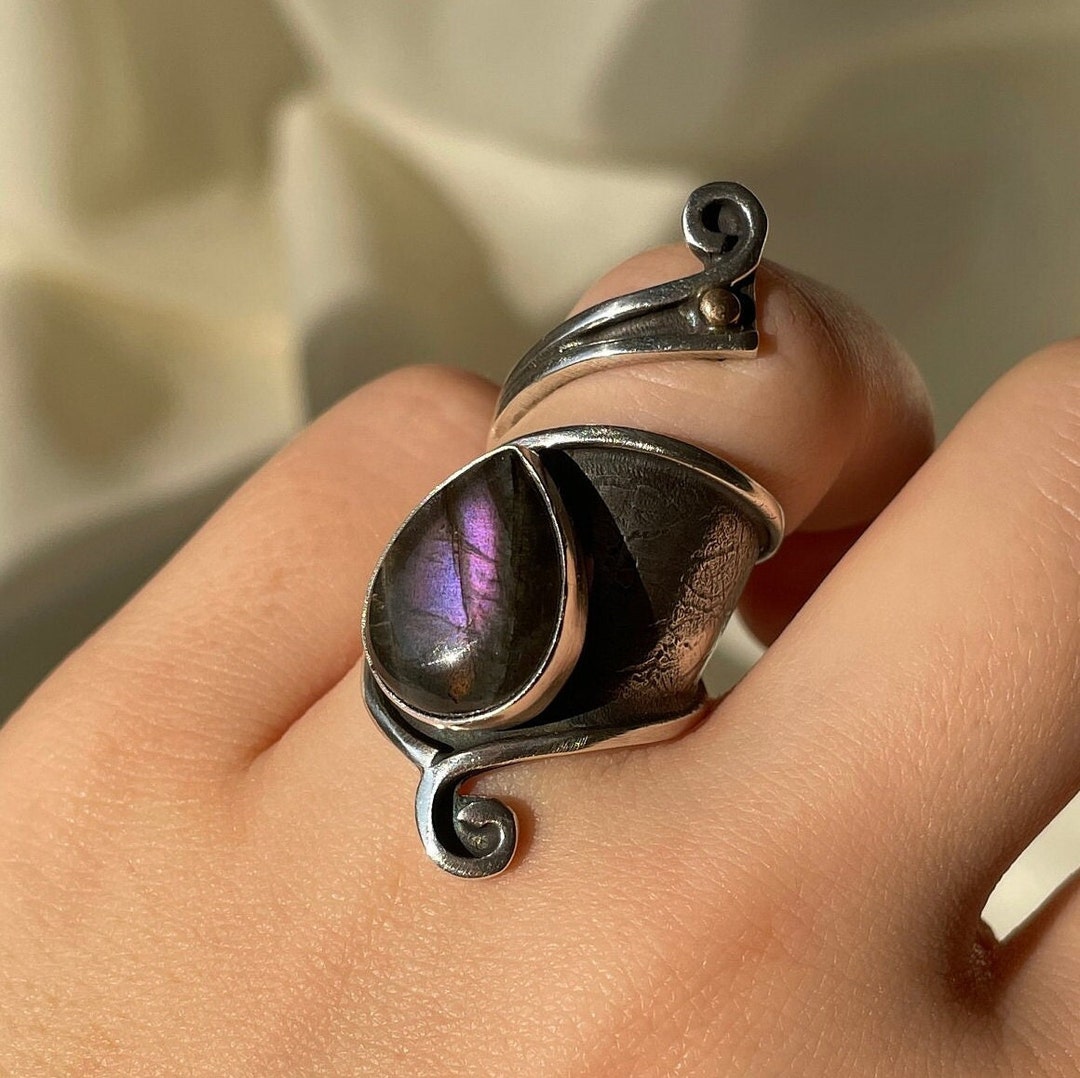Purple Labradorite Ring 925 Sterling Silver, Adjustable Thick Band Ring ...