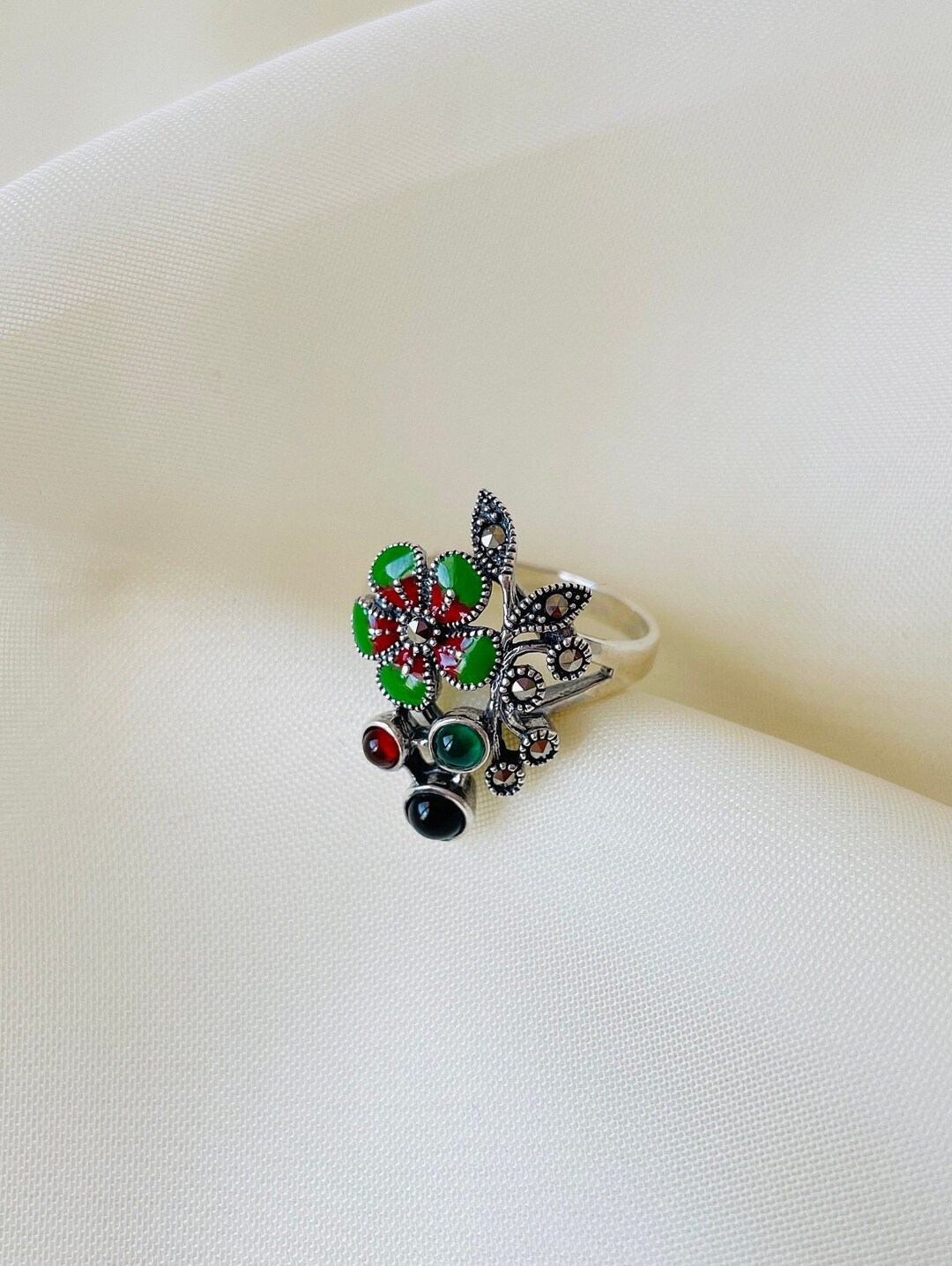 Hibiscus Ring Sterling Silver, Tropical Floral Enamel Ring, Plumeria ...