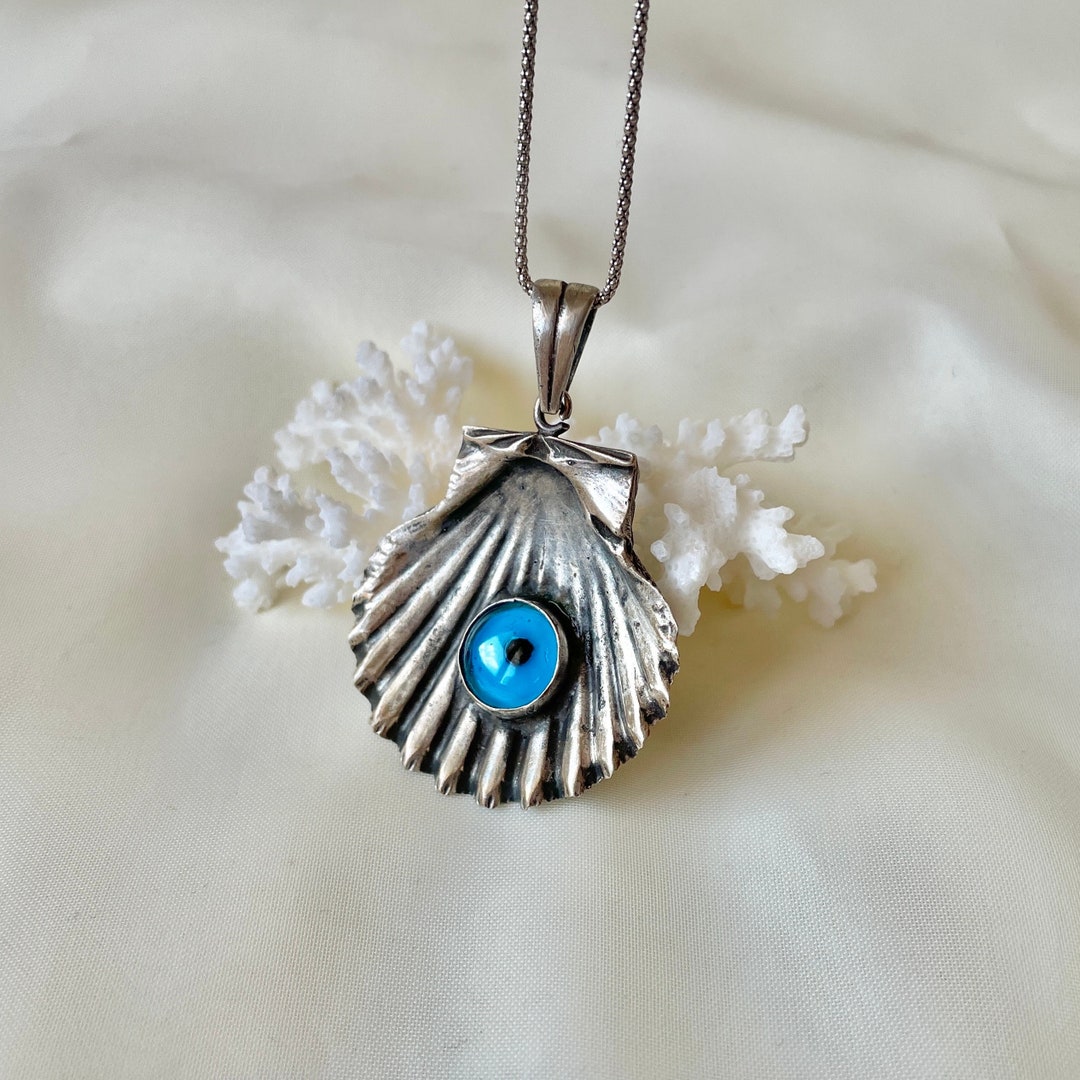 Evil Eye Inside Shell Pendant 925 Sterling Silver, Large Scallop ...