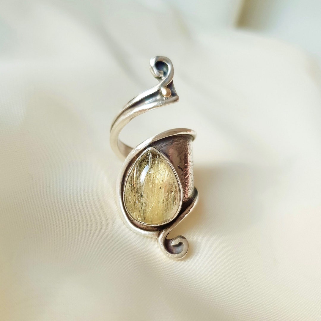 Golden Rutilated Quartz Ring 925 Sterling Silver, Adjustable Ring ...