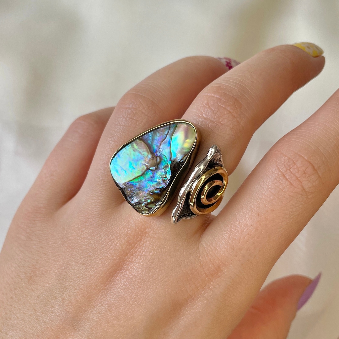Bold Abalone Shell Ring Sterling Silver, Paua Shell Nacre Ring, Spiral ...