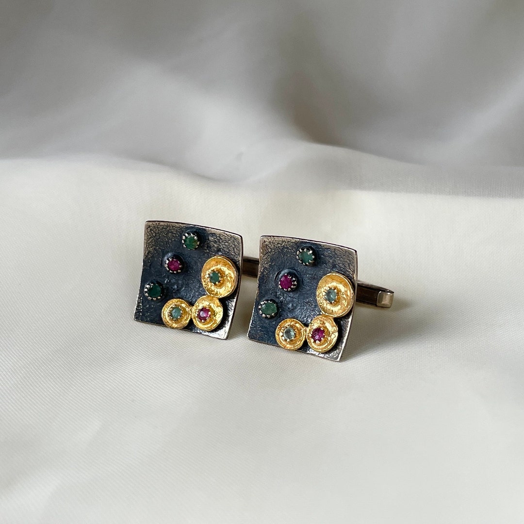 Vintage Ruby Emerald Cufflinks Sterling Silver, Retro Rustic Silver ...