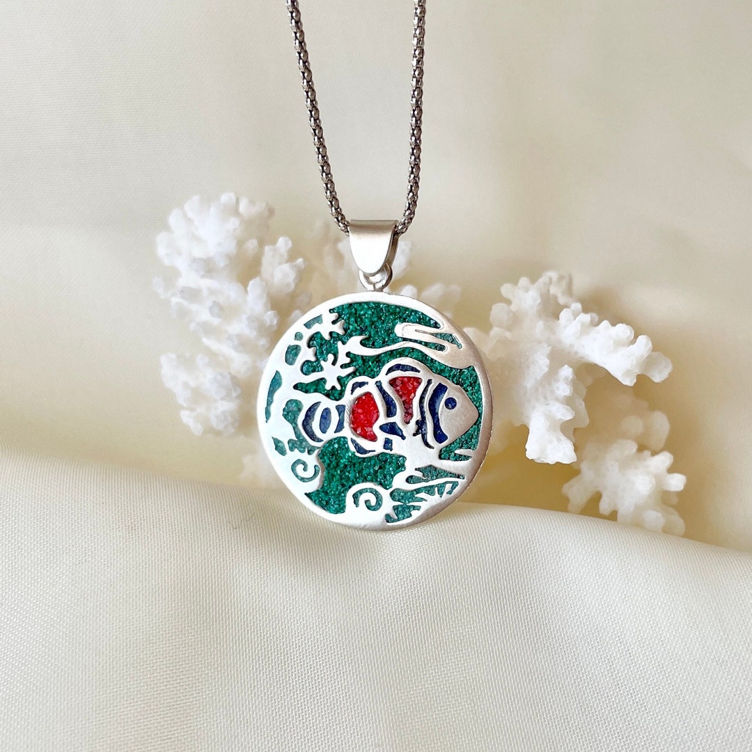 Gemstone Fish Medallion Pendant Sterling Silver, Chip Inlay Pendant ...