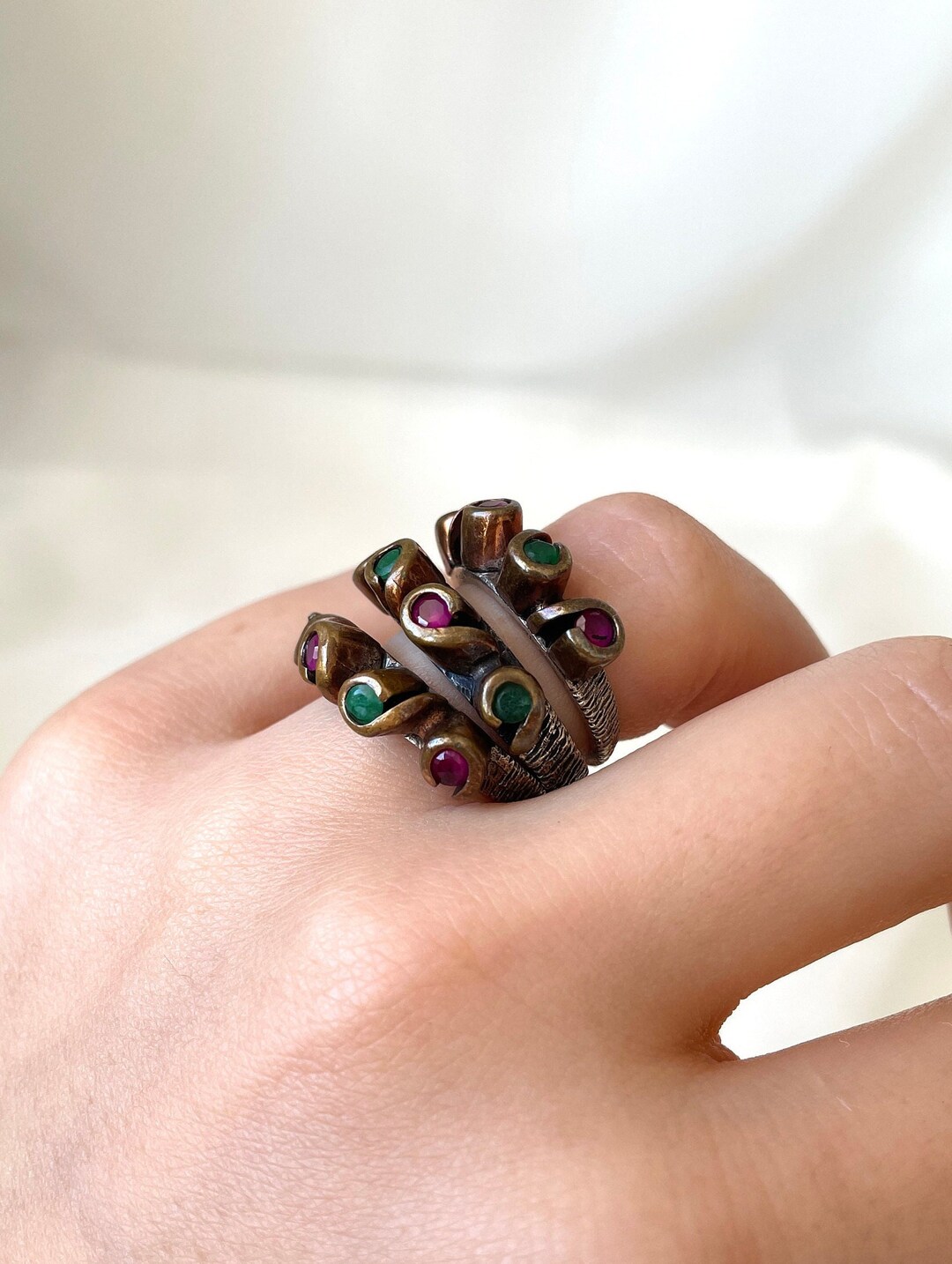 Three Piece Band Ring Solid Sterling Silver, Boho Ring for Women, Ruby and Emerald Ring ...