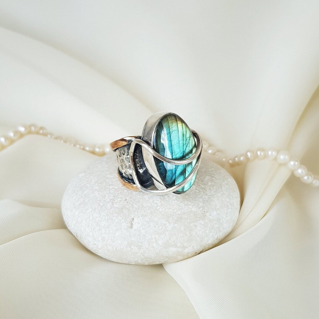 Blue Labradorite Ring Sterling Silver, Forged Large Labradorite Ring ...