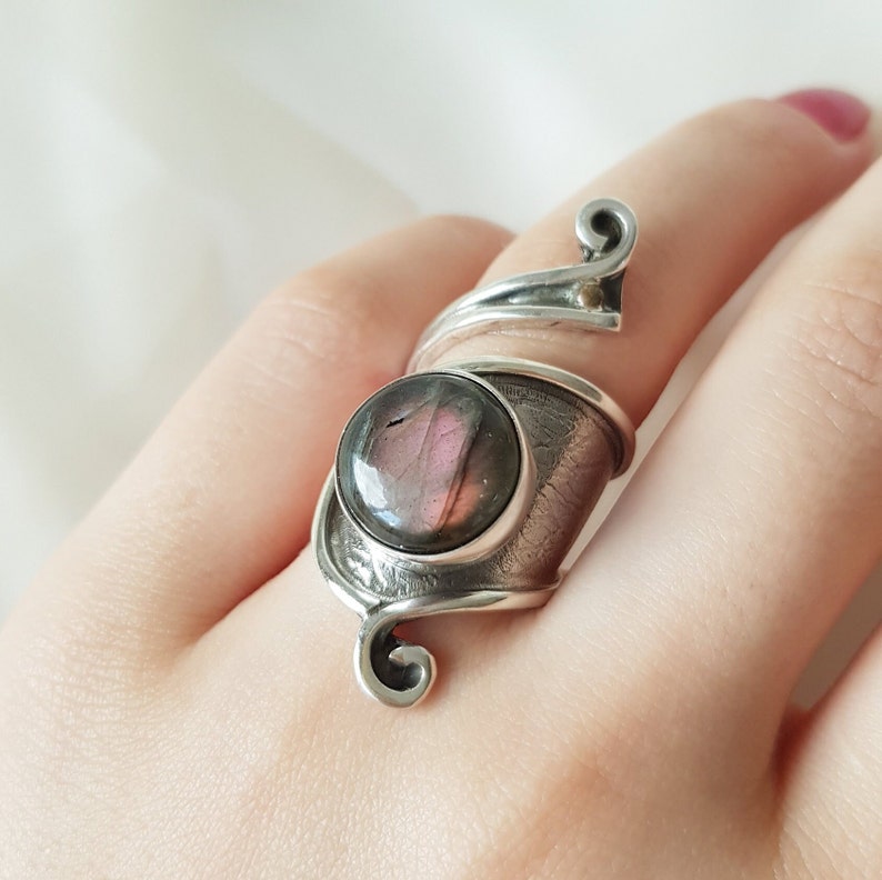 Purple Labradorite Ring 925 Sterling Silver, Adjustable Thick Band Ring ...