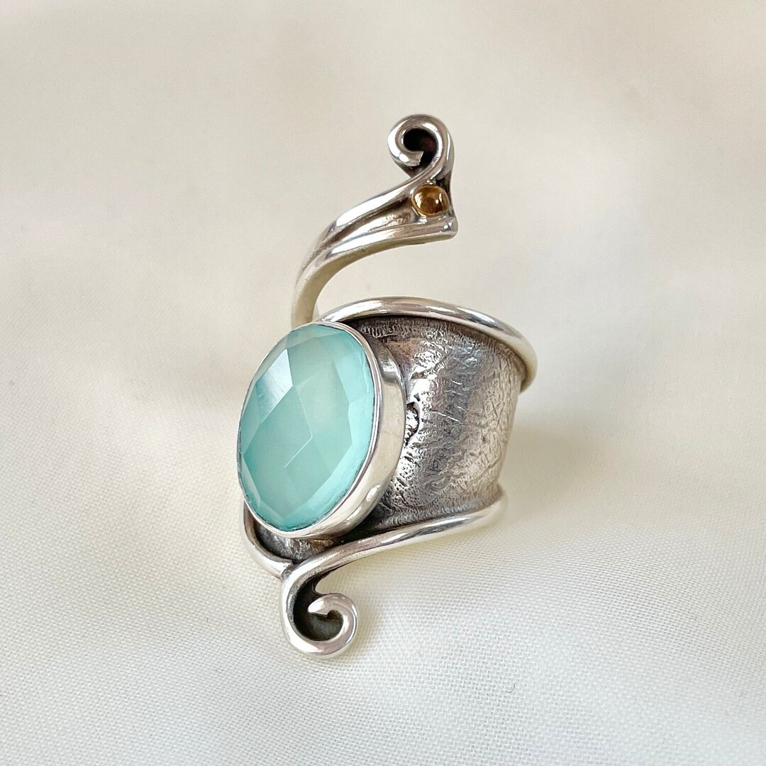 Aqua Blue Chalcedony Ring Sterling Silver, Ocean Blue Ring, Adjustable ...