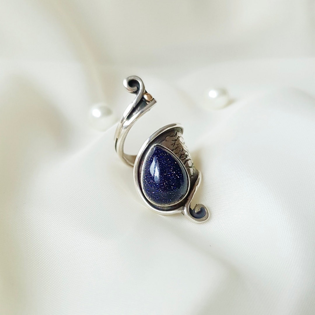 Blue Goldstone Ring Sterling Silver, Blue Sandstone Ring, Starry Night ...
