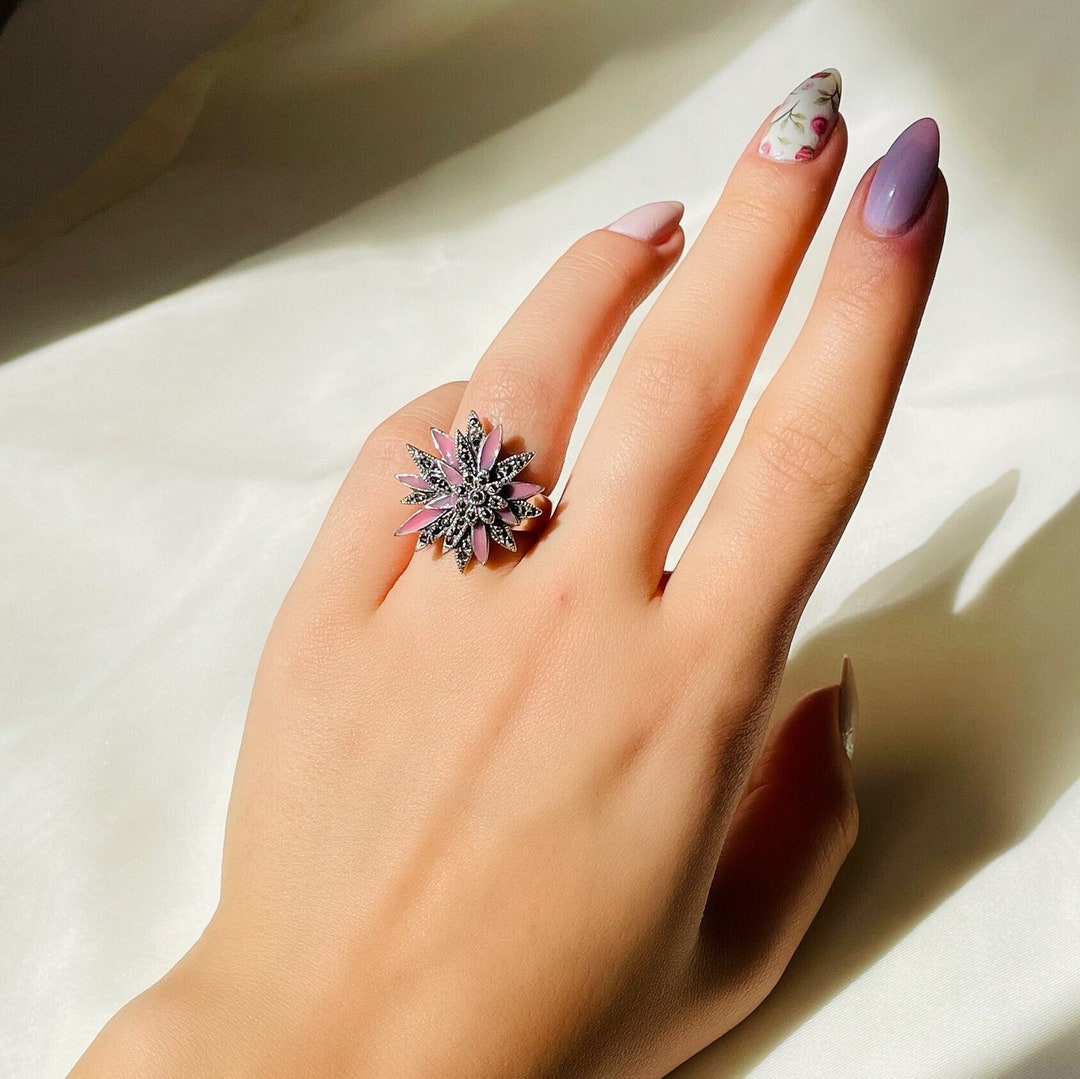 Vintage Pink Flower Statement Ring Sterling Silver, Chrysanthemum Ring ...