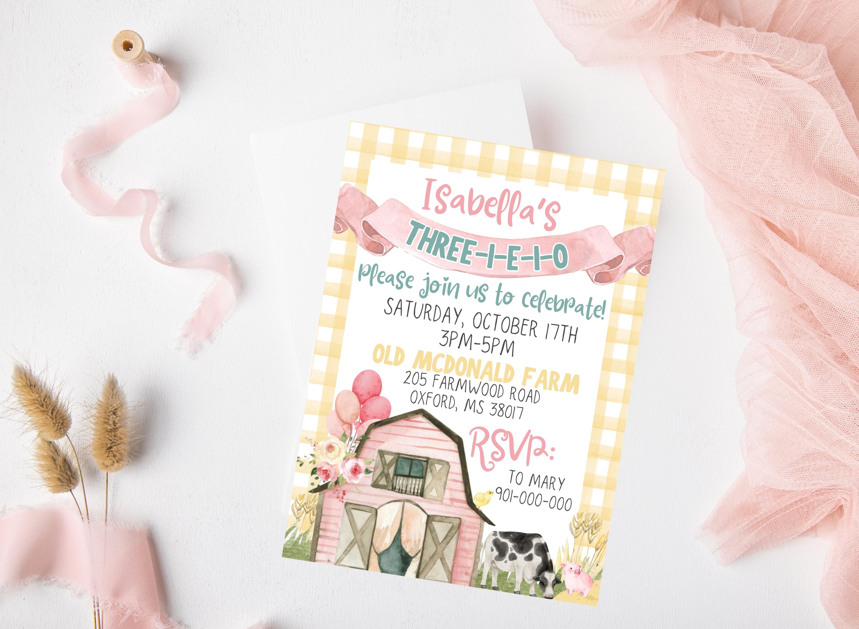 Girl 3rd Birthday Invitation, Girl Farm Birthday Party, Farm Animal ...