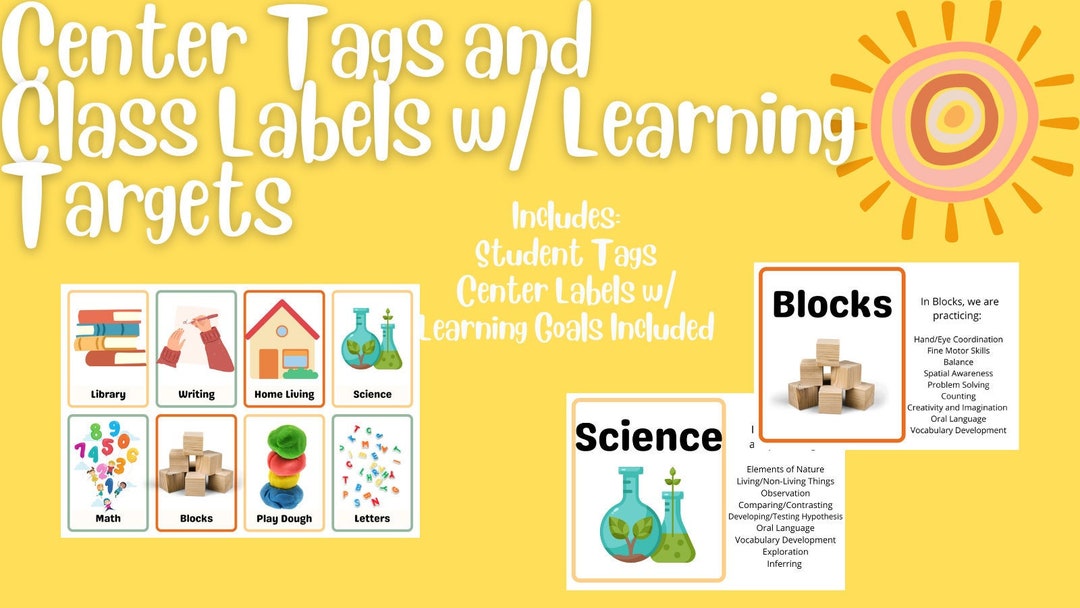 Learning Center Student Tags and Classroom Labels W/ Learning Goals Pre ...