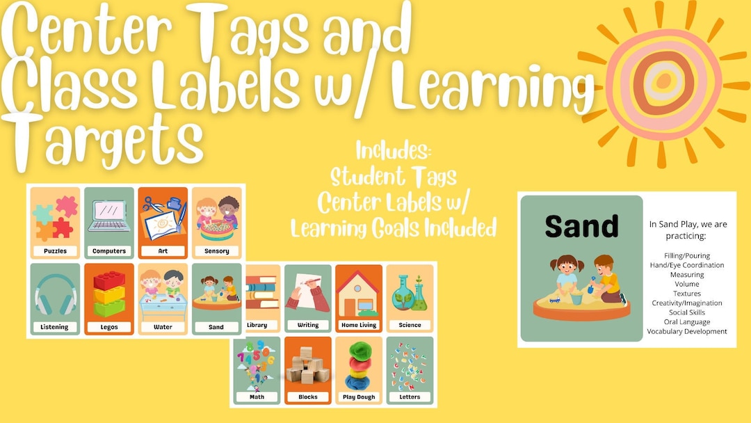 Center Tags With Classroom Labels (including Learning Goals) Pre-k ...