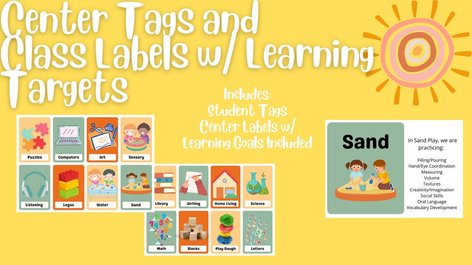 Center Tags With Classroom Labels (including Learning Goals) Pre-k ...