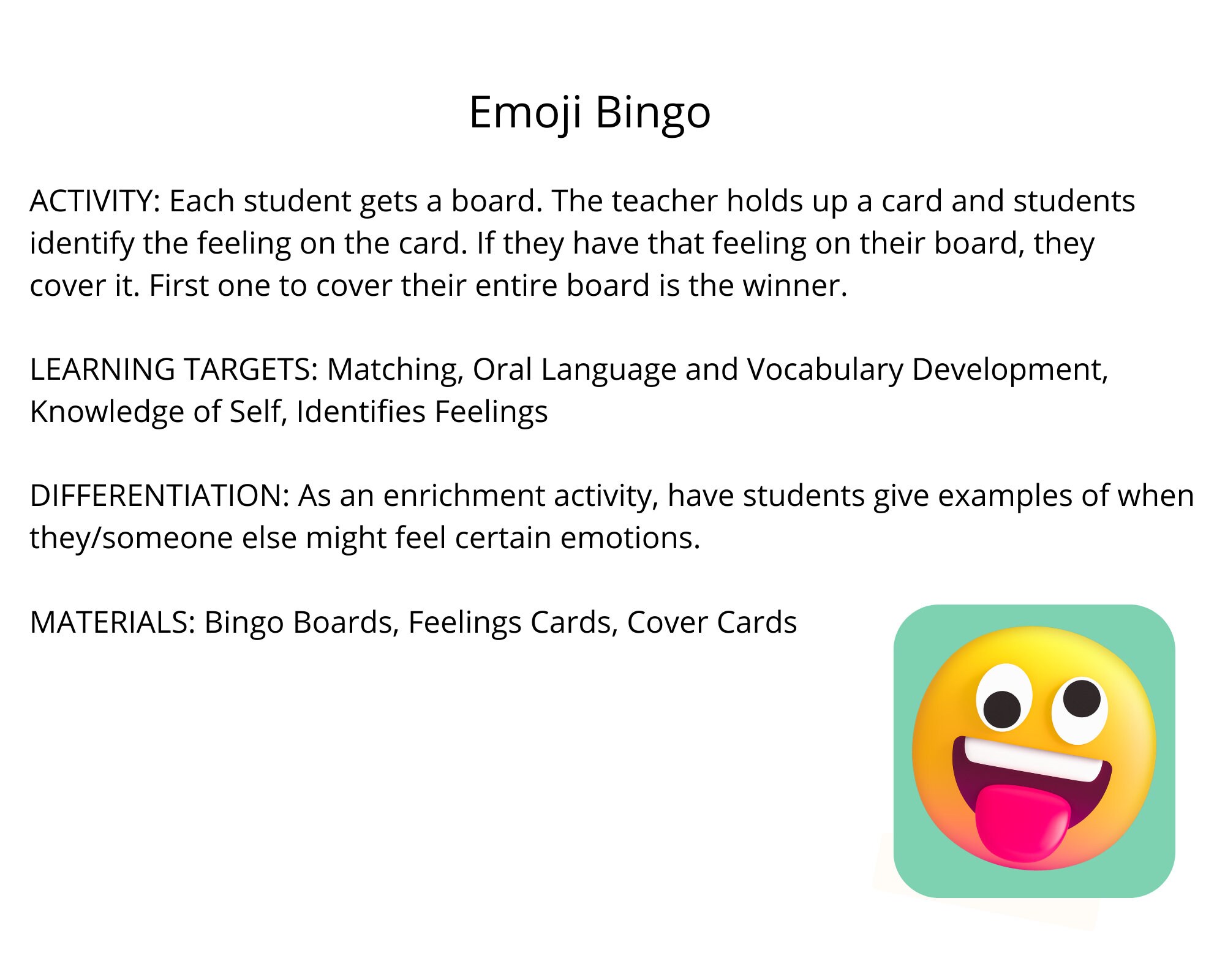 Emoji Bingo Social Emotional Learning Feelings Lessons Unit Pre ...